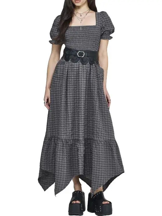 DISTURBIA Nimira Checked Handkerchief Hem Midi Dress - Grey