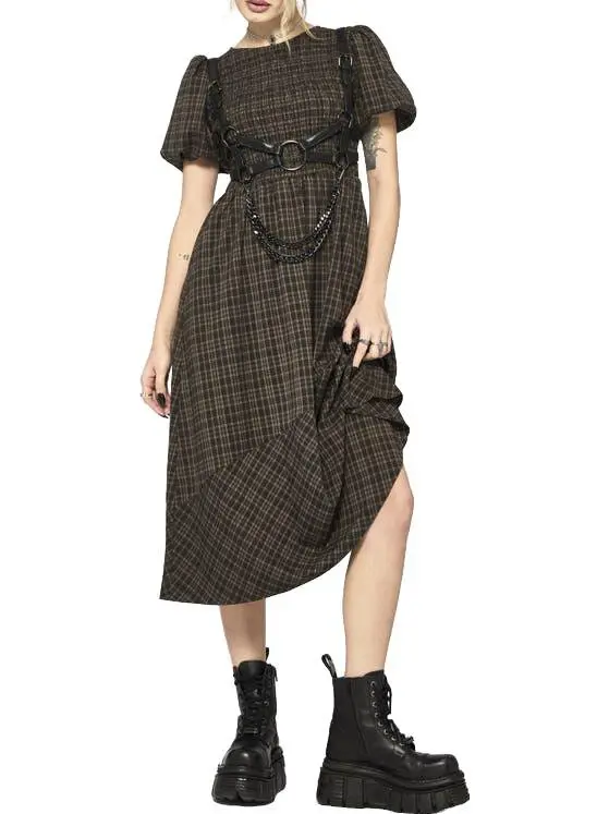 DISTURBIA Rhiannon Check Shirred Bodice Midi Dress - Brown