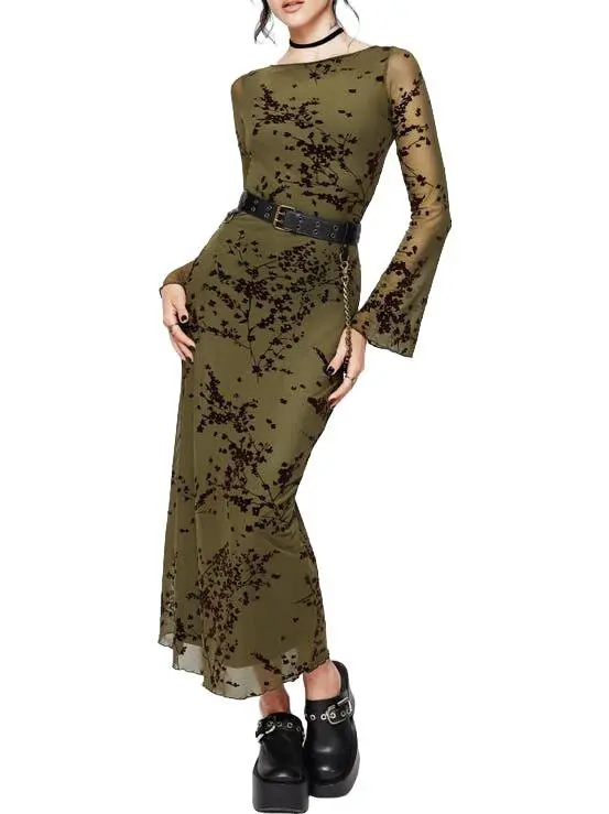 DISTURBIA Jael Flocked Devoré Midi Dress - Green
