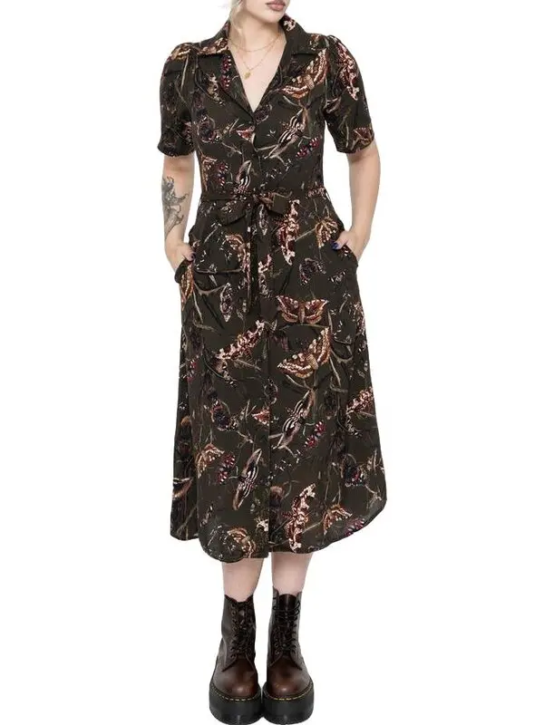 DISTURBIA Whispen Moth Print Midi Shirt Dress - Green