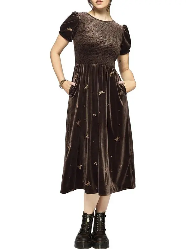 DISTURBIA Seraphine Dragonfly Velour Midi Dress - Brown