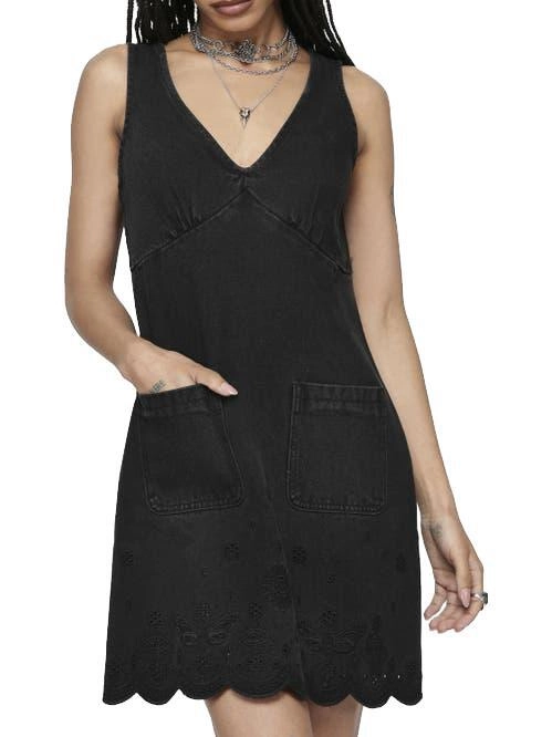 DISTURBIA Ayr Broderie Denim Pinafore Dress - Black