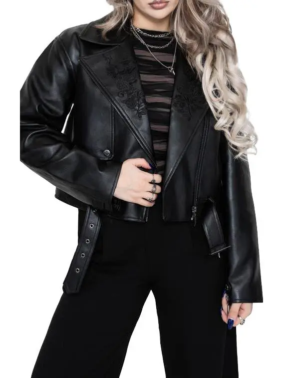 DISTURBIA Clash Embroidered Faux Leather Moto Jacket - Black