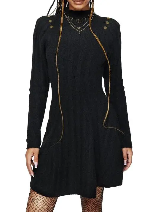 DISTURBIA Dream Ribbed Skater Knit Dress - Black