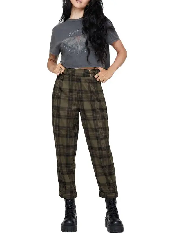 DISTURBIA Cecily Buckle Check Balloon Trousers - Green