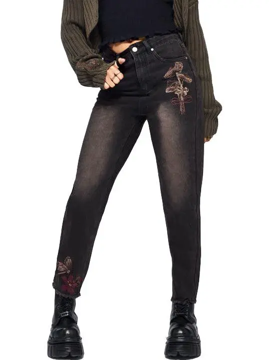 DISTURBIA High-waisted Ankle Jeans With Embroidered Detail - Black
