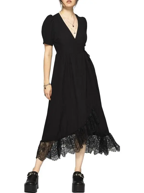 DISTURBIA Sorelle Lace Hem Wrap Midaxi Dress - Black