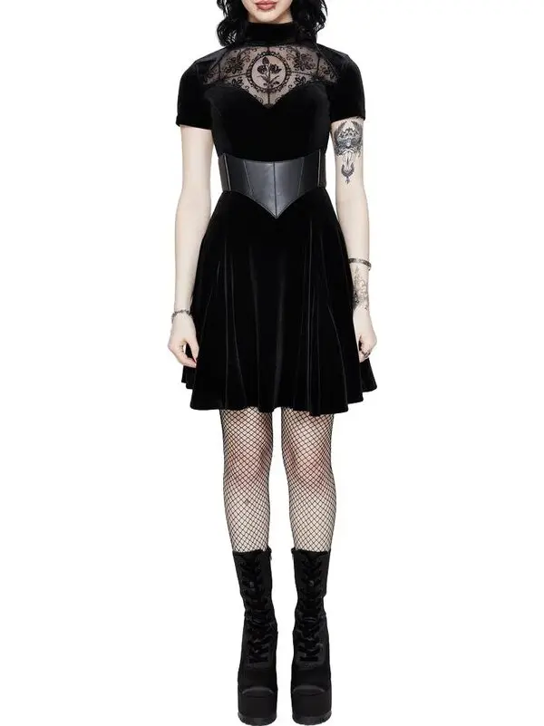 DISTURBIA Cameo High Neck Flocked Mini Dress - Black