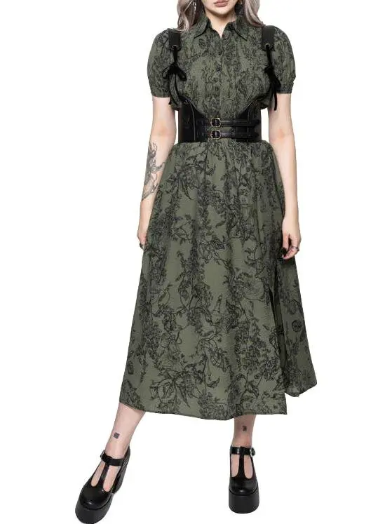 DISTURBIA Orla Foxglove Print Shirred Midaxi Dress - Green