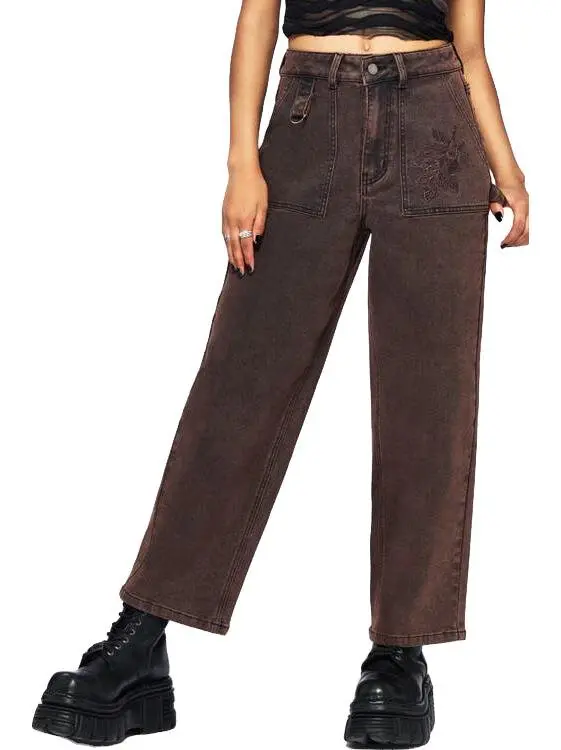 DISTURBIA Embroidered Cropped Jeans - Brown