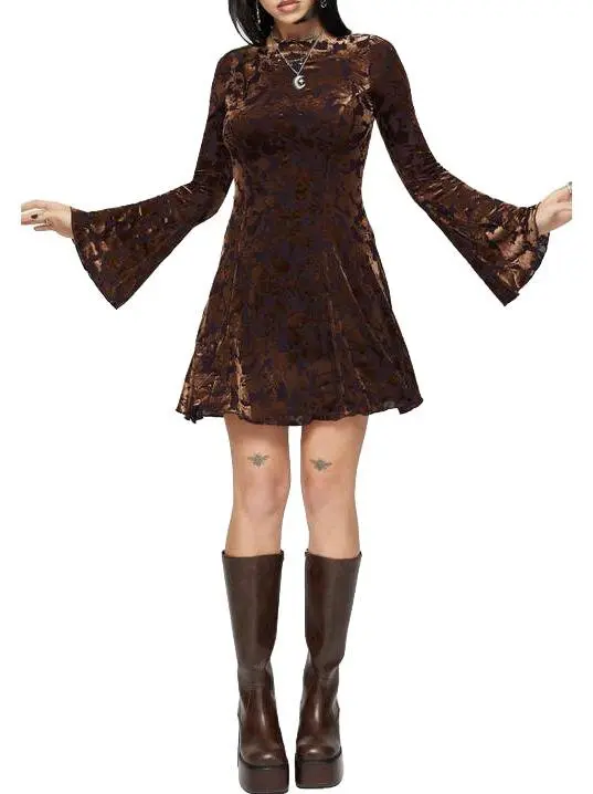 DISTURBIA Sienna Devoré Cowl Mini Dress With Bell Sleeves - Orange