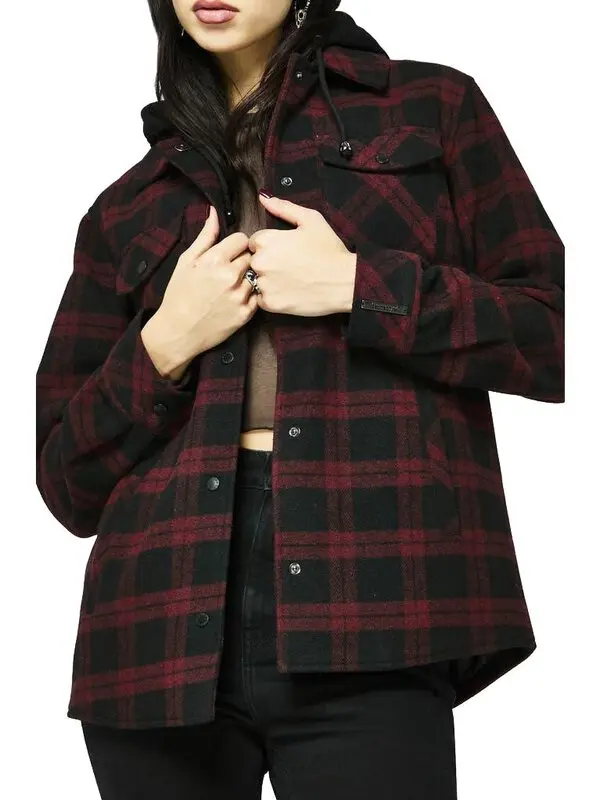DISTURBIA Hooded Check Shacket - Dark Red