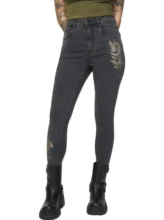 DISTURBIA Hexborn Baba Yaga Embroidered Skinny Jeans - Grey