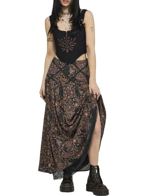 DISTURBIA Mythos Print Lace Detail Midaxi Skirt - Black