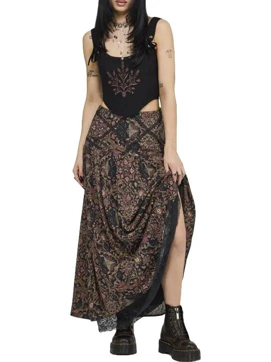 DISTURBIA Mythos Print Lace Detail Midaxi Skirt - Black