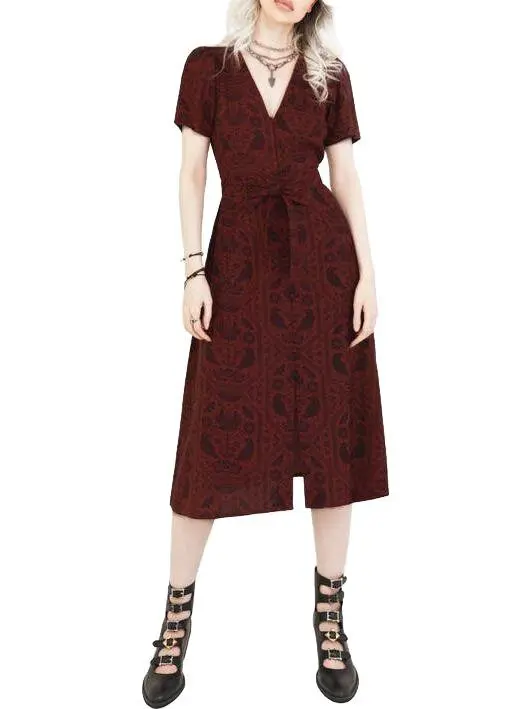 DISTURBIA Annabel Raven Print Button-up Midi Dress - Red