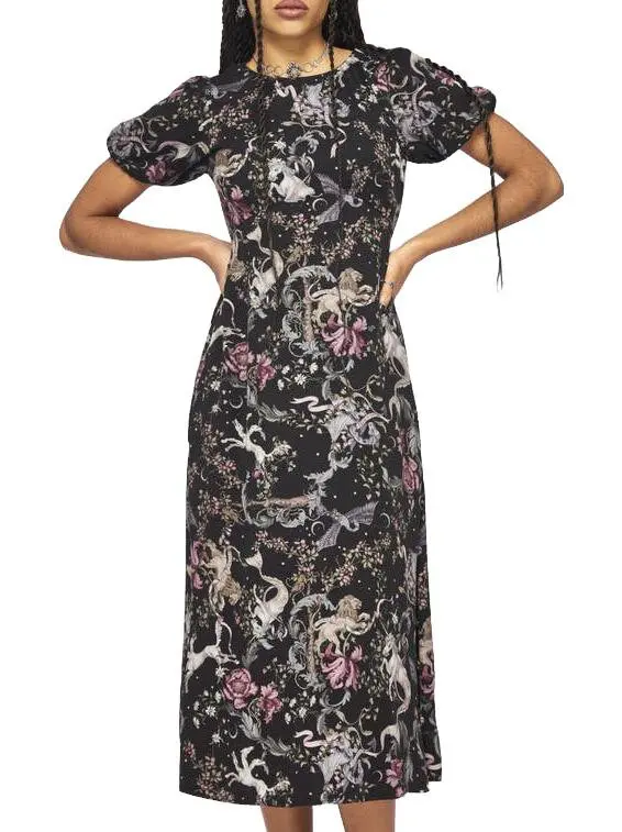 DISTURBIA Enchanted Forest Print Midi Dress With Puff Sleeves - Black