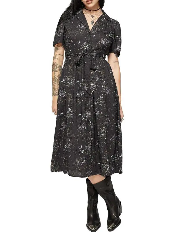 DISTURBIA Peaseblossom Celestial Print Shirt Dress - Black
