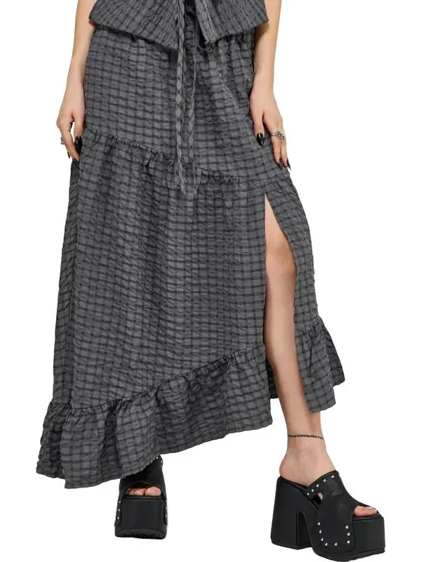 DISTURBIA Nimira Check Asymmetrical Maxi Skirt - Grey