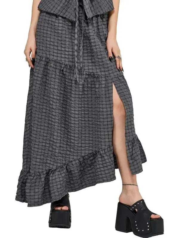 DISTURBIA Nimira Check Asymmetrical Maxi Skirt - Grey