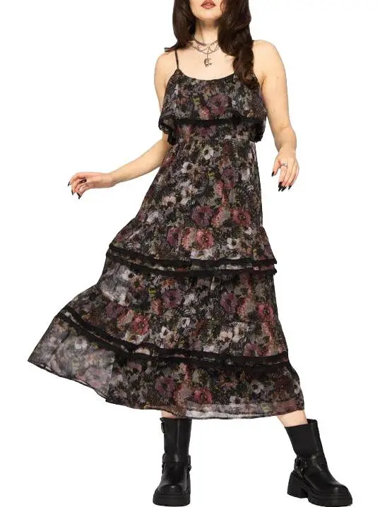 DISTURBIA Mortua Grunge Floral Print Tiered Maxi Dress - Black