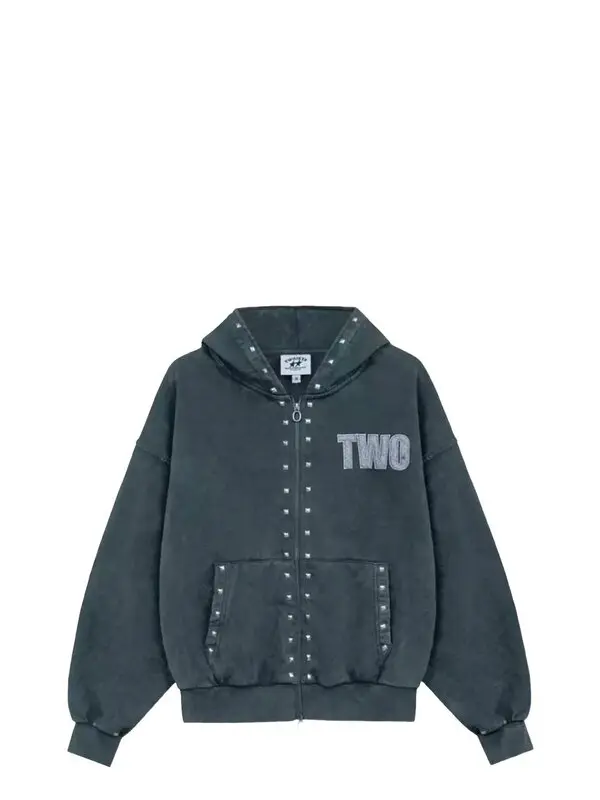 TWOJEYS Studded Zip-up Hoodie With Star Print - Grey