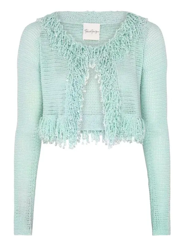 Paris Georgia Fringe Trim Fishnet Knit Cardigan - Blue