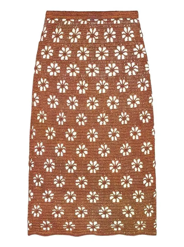 Calle Del Mar Floral Crochet Midi Skirt - Brown