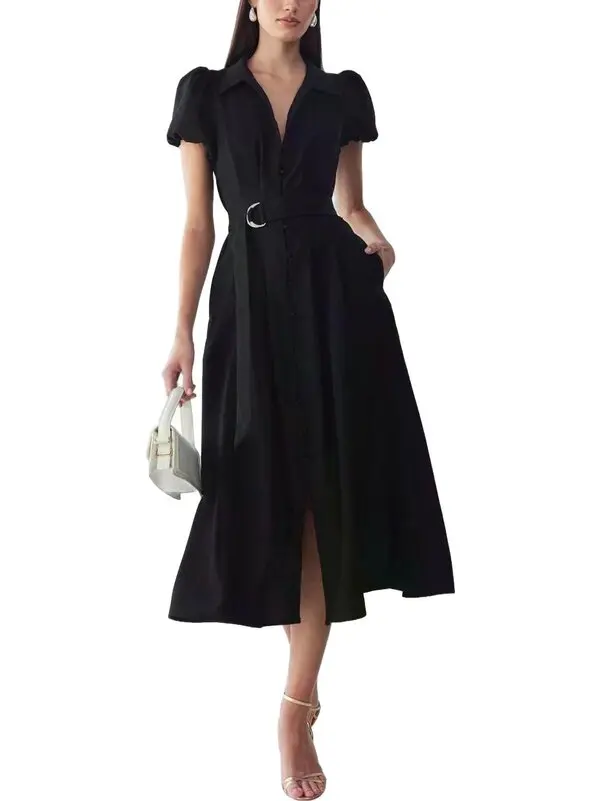 WILLA Belted Puff-sleeve Midi Dress - Black