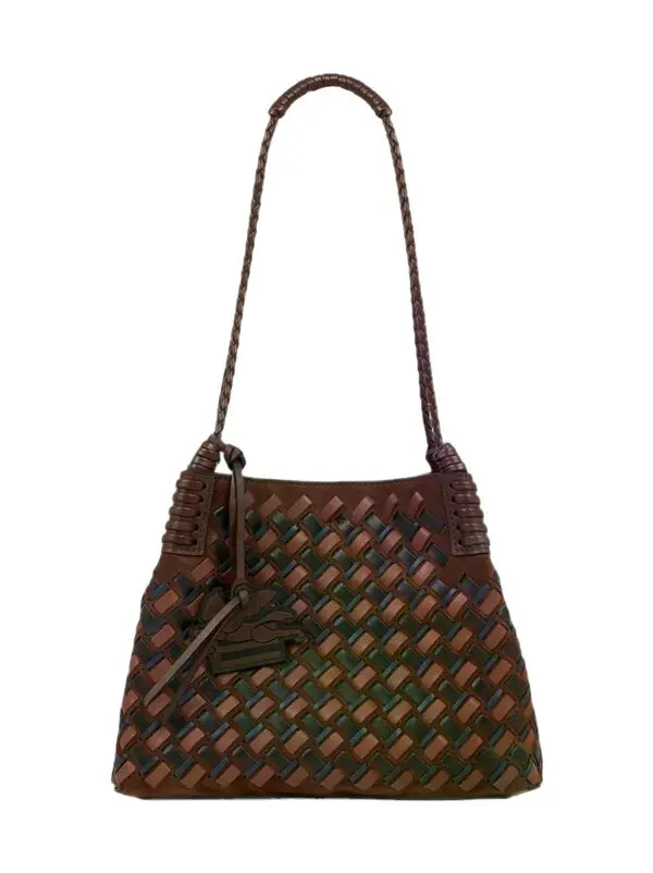 Etro Small Libra Tote Bag In Suede And Woven Leather - Brown
