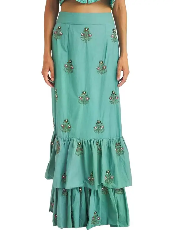 Antik Batik Simone Tiered Maxi Skirt With Floral Embroidery And Beading - Blue