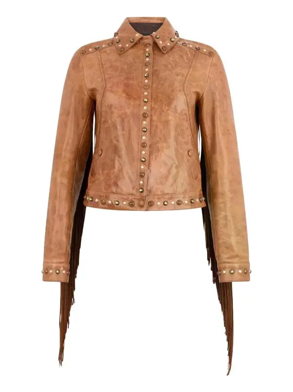 Roberto Cavalli Fringed-detail Stud-embellished Jacket - Brown