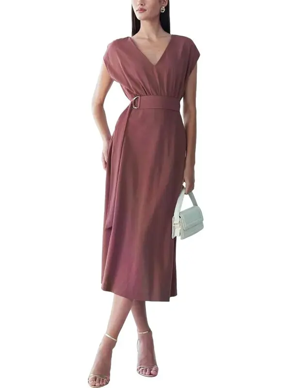 ST MRLO V-neck Sleeveless Belted Midi Dress - Brown