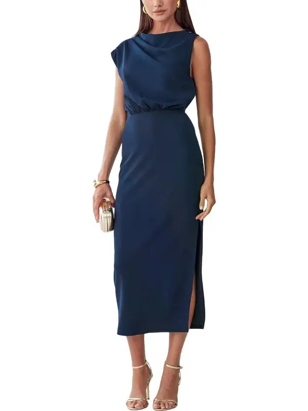 ST MRLO Cowl Neck Sleeveless Midi Dress With Side Slit - Blue