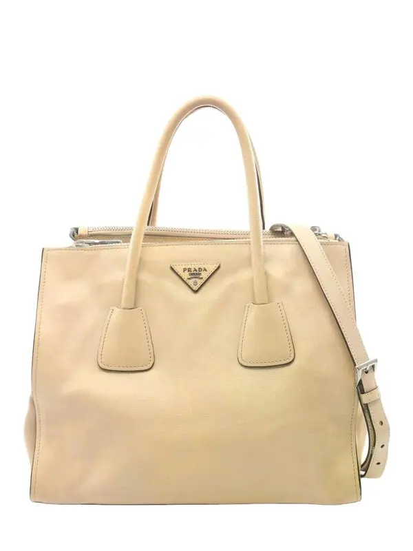 Prada Leather Triangle Logo Tote Bag - Neutrals