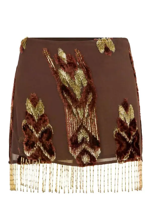 Roberto Cavalli Devoré-velvet Mini Skirt With Bead Fringe - Brown