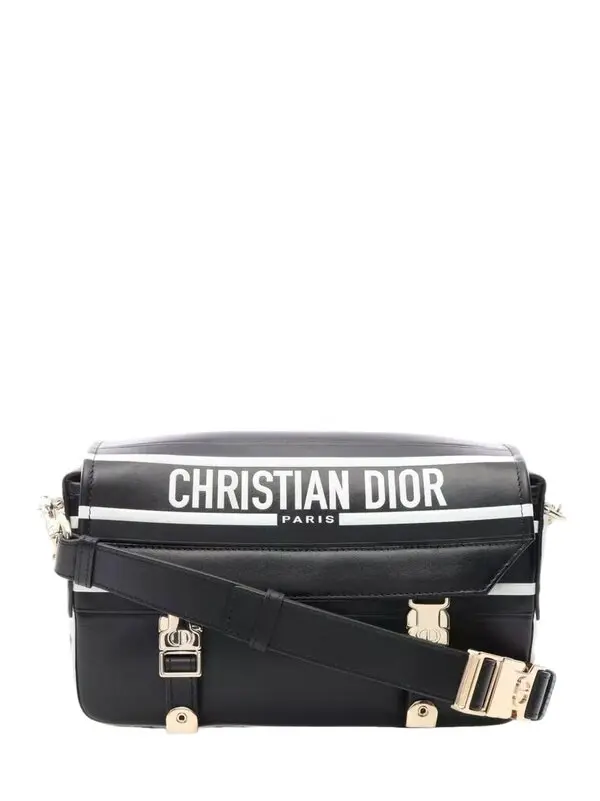 Dior Leather Striped Flap Shoulder Bag - Black