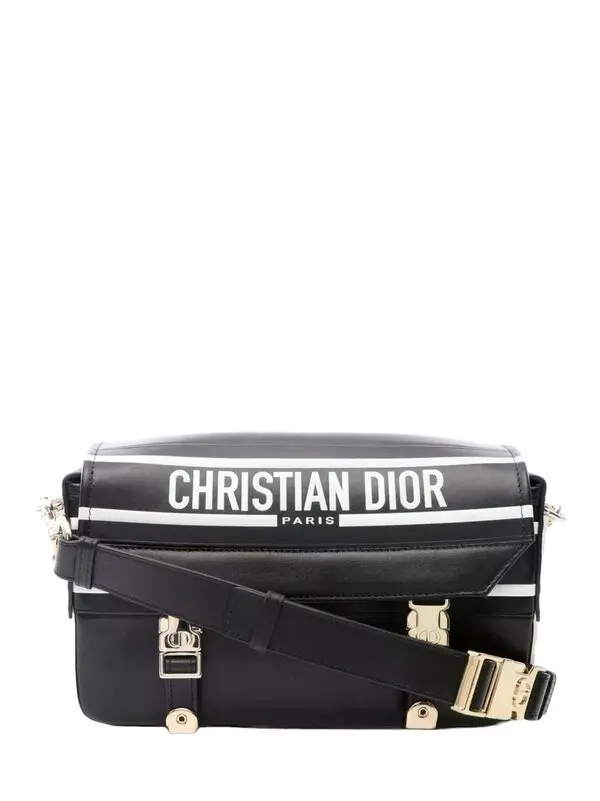 Dior Leather Striped Flap Shoulder Bag - Black