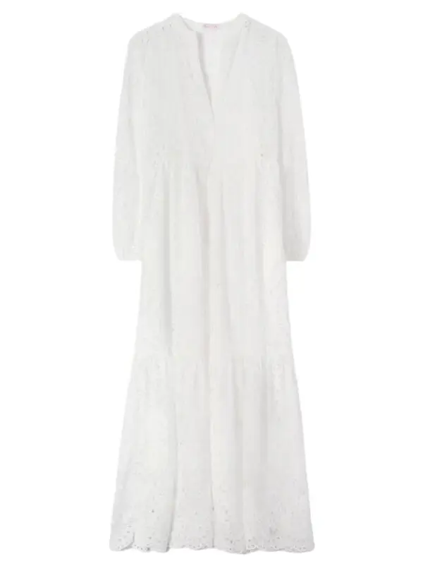 MC2 SAINT BARTH Sylvia Maxi Dress Broderie Anglaise V-neck Long Sleeve - White