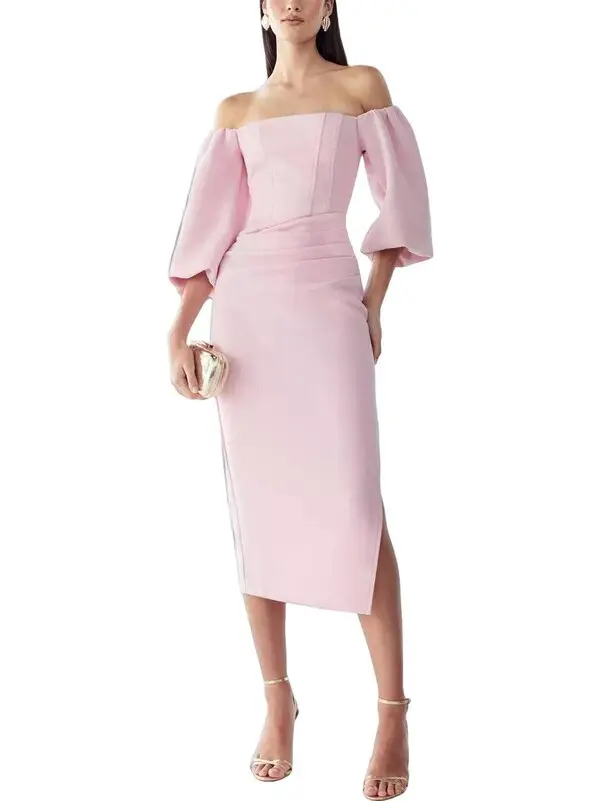 BWLDR Off-the-shoulder Puff Sleeve Midi Dress - Pink