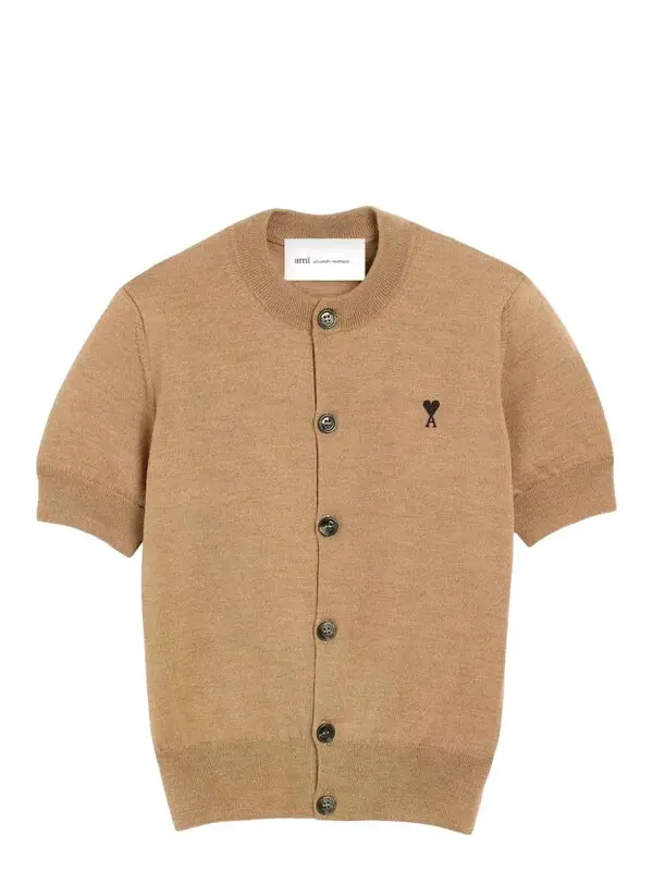 AMI Paris Wool Short-sleeve Cardigan With De Coeur Embroidery - Neutrals