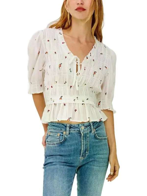 Rails Floral-embroidered Smocked Blouse - White