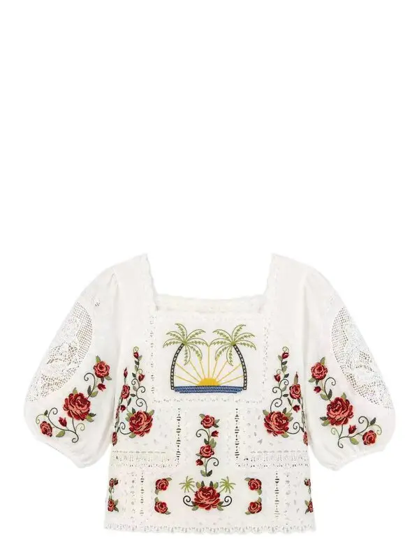 Farm Rio Floral Embroidered Broderie Anglaise Blouse - Neutrals