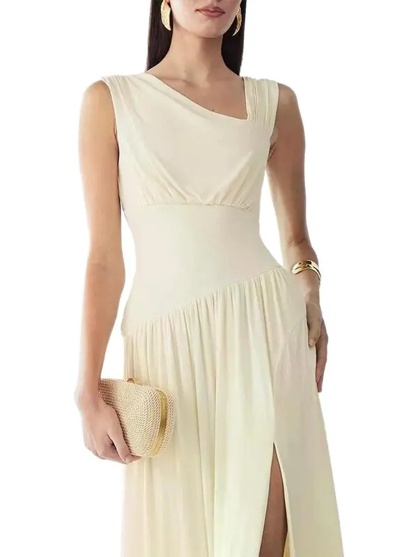 BWLDR Pleated Asymmetrical Neck Maxi Dress - Neutrals