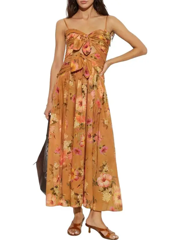 Zimmermann Mahon Floral-print Tie-detail Midi Dress - Neutrals