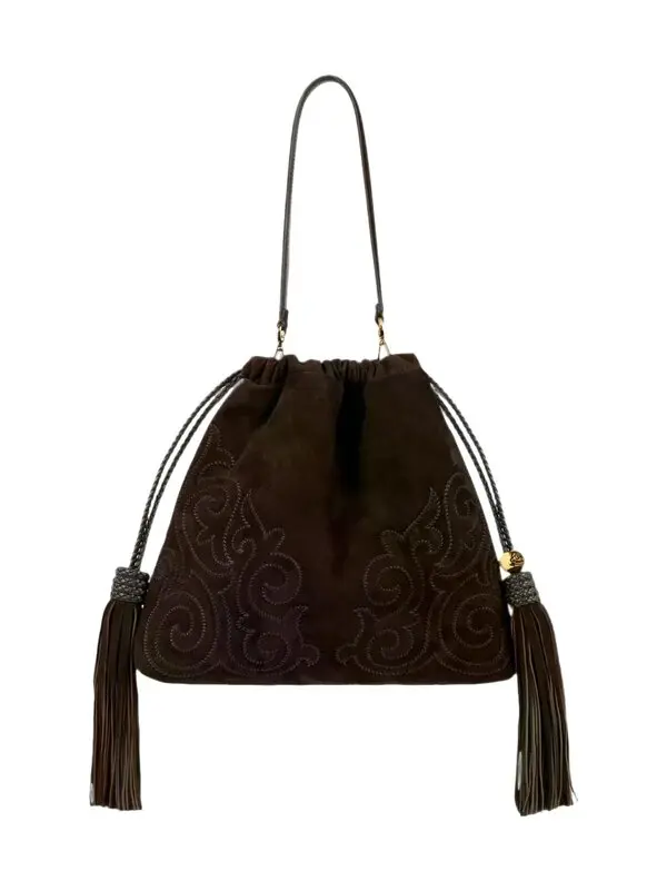 Etro Medium Suede Kalispera Bag With Patch And Tassels - Brown