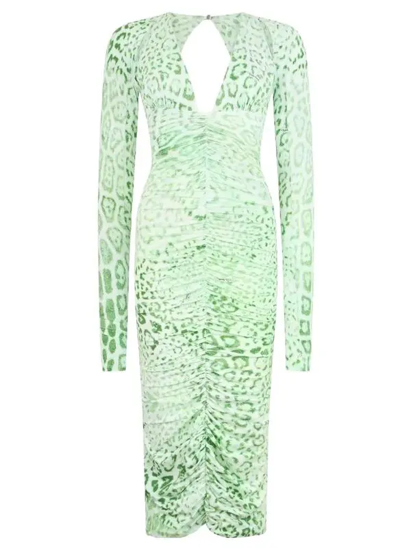 Roberto Cavalli Jaguar Print Ruched Midi Dress - Green