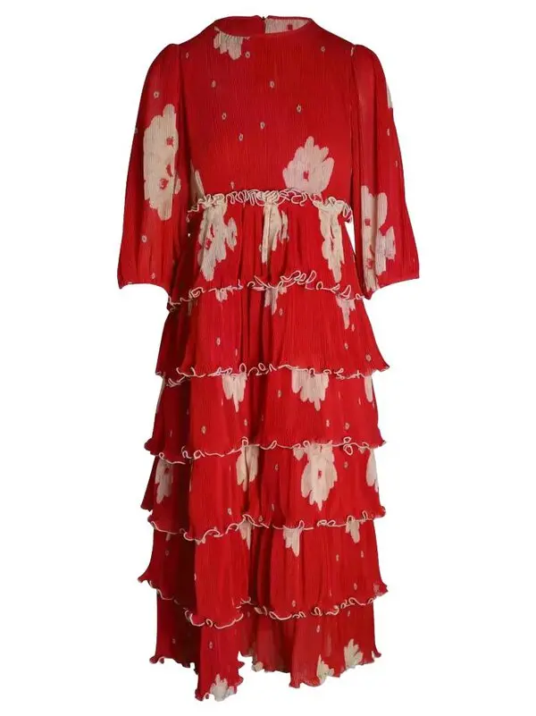 GANNI Tiered Floral-print Dress - Red