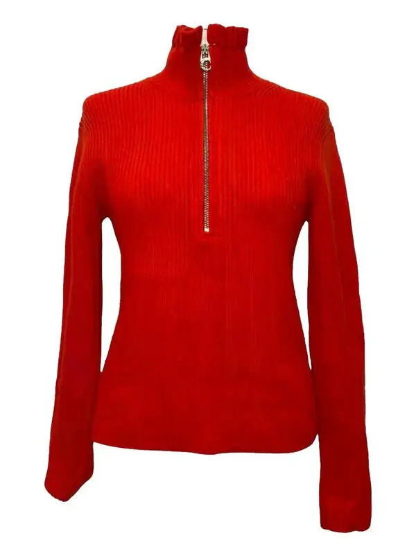 Chloé Ribbed-knit Sweater With Ruffled High Neck And Zip Front - Red