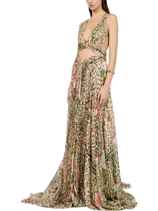 Roberto Cavalli Jaguar Print Cut-out Gown - Neutrals